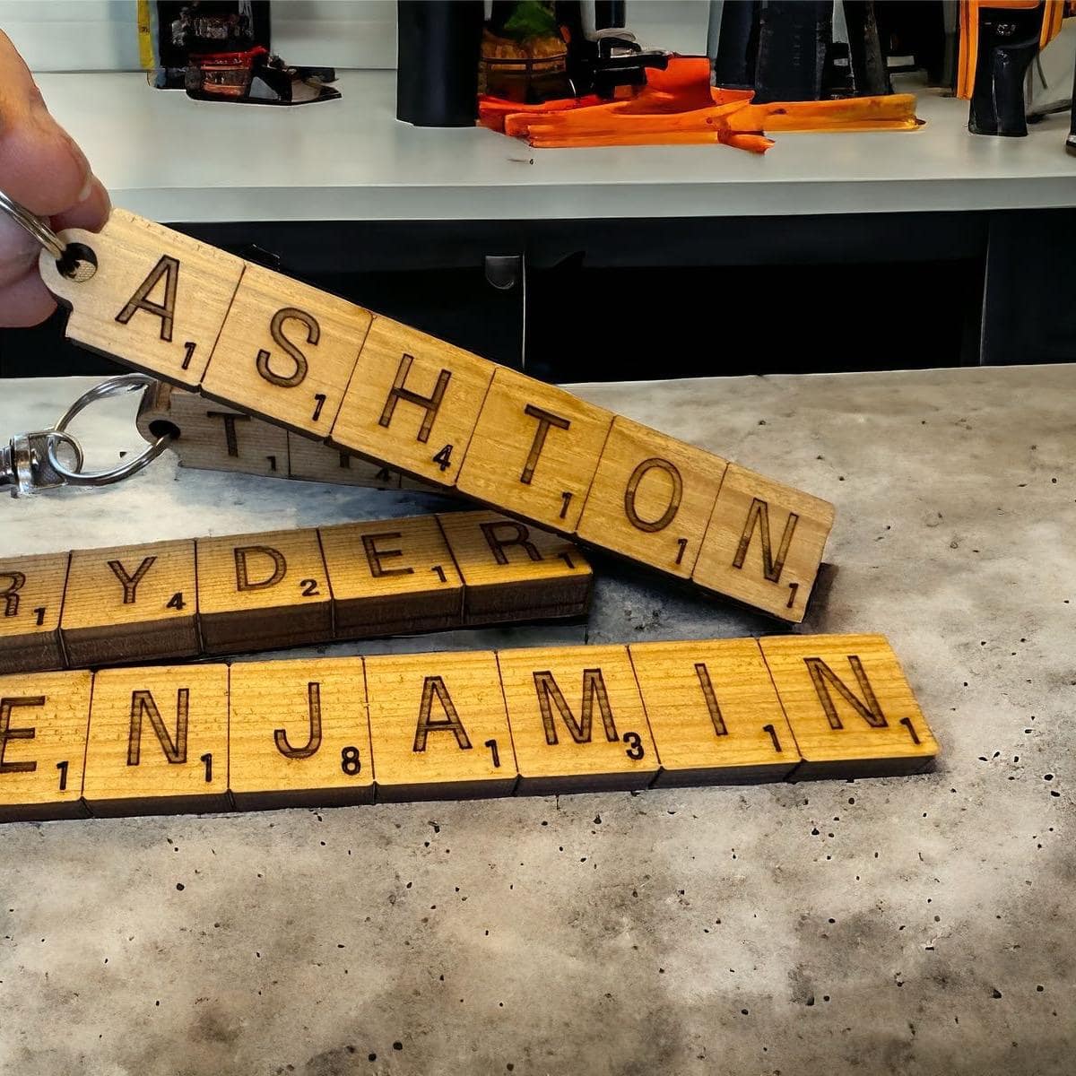 Customized Name Tile Engraved and Cut Keychain from Reclaimed Wood ...