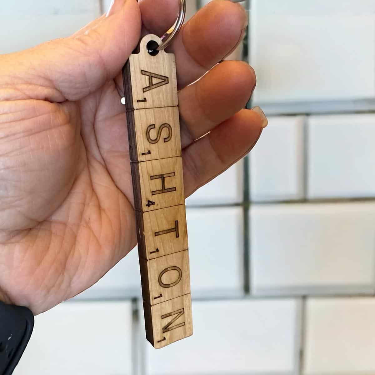 Customized Name Tile Engraved and Cut Keychain from Reclaimed Wood ...
